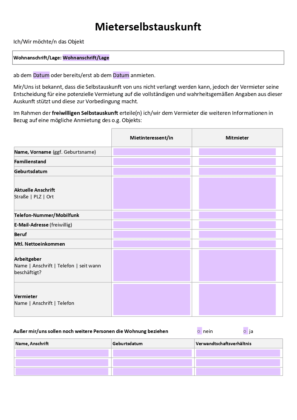 Vorlage Einer Mieterselbstauskunft ONLYOFFICE