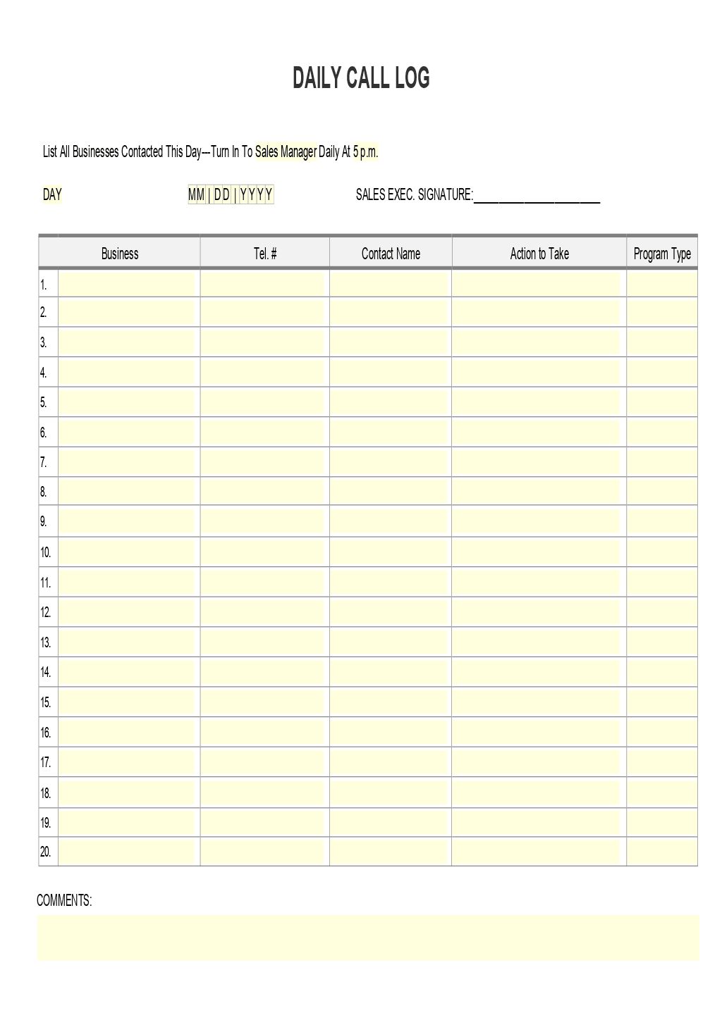Call Log Template
