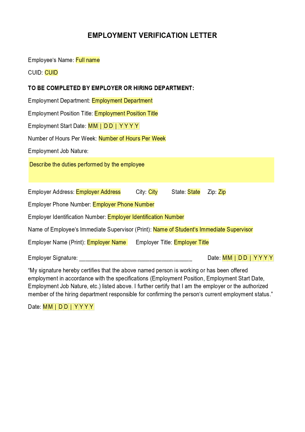 Employment Verification Letter Template