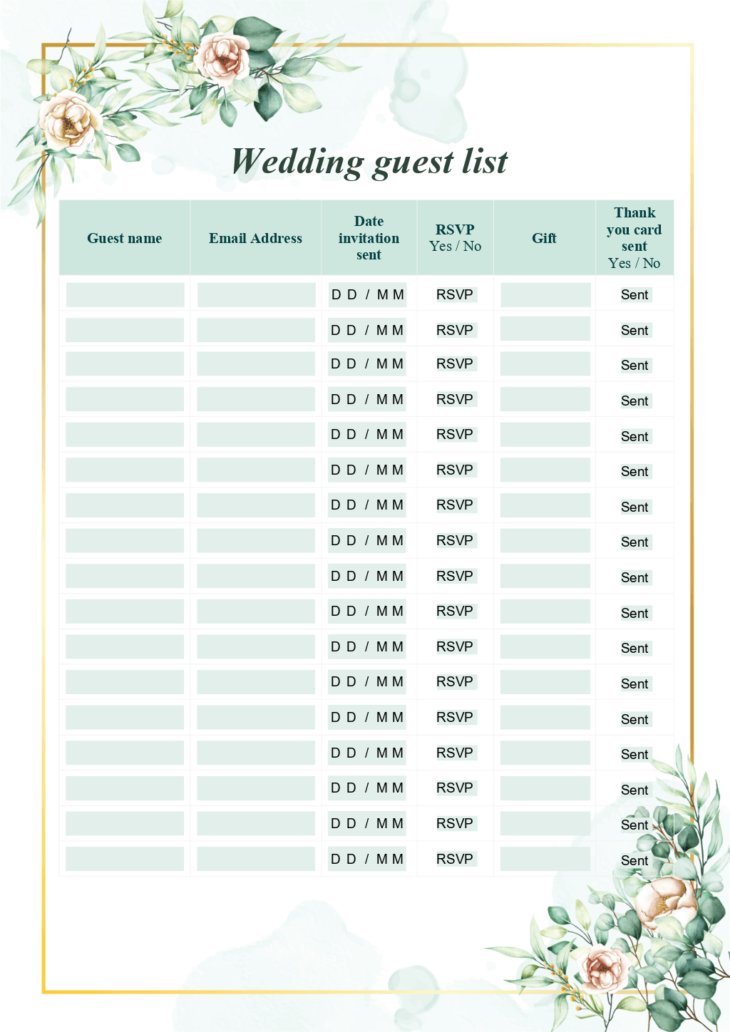 Wedding Guest List Template