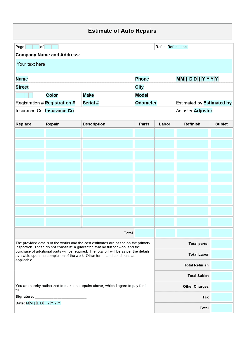 Free Printable Auto Body Repair Estimate Forms Printable Word Searches