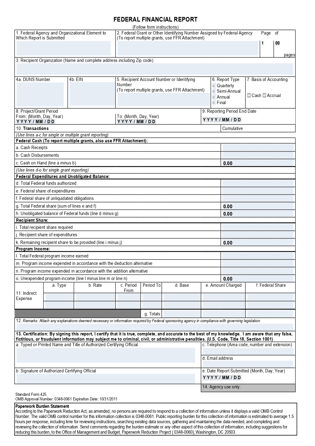 Federal Financial Report SF 425 Template