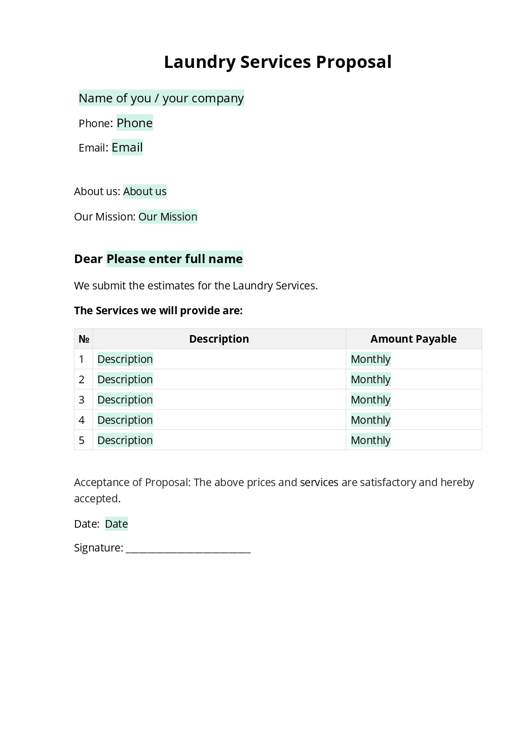 Laundry Service Proposal Template Laundry Service Proposal Template