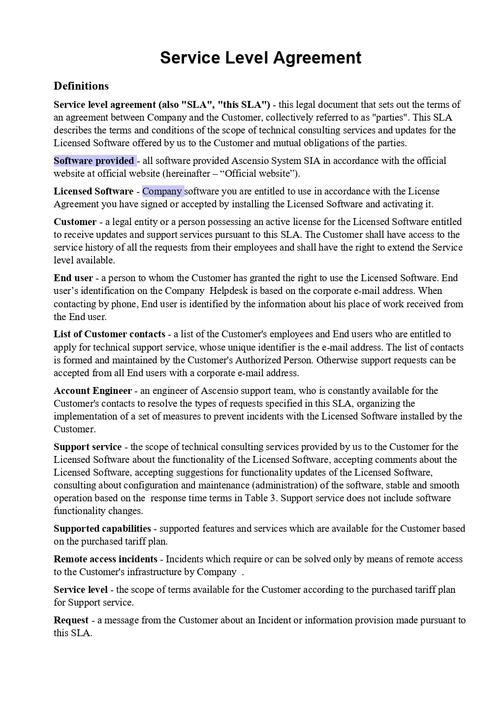 Service Level Agreement SLA Template